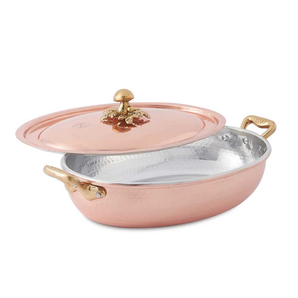 Hammered Copper Casserole / Oval Roaster with Brass Handles and Mushro ...